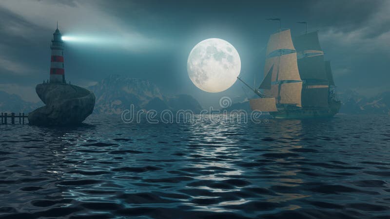 Lighthouse Ship and Moon on the Horizon of the Endless Ocean at Night ...