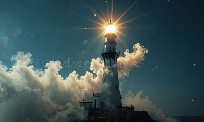 A Lighthouse is Shown in the Image, with a Bright Sun Shining on it ...