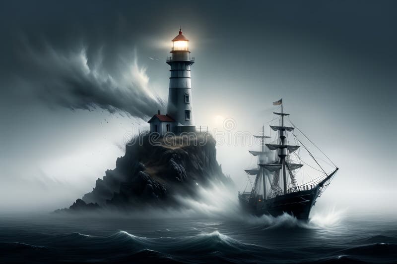 A Lighthouse Shows the Way To a Ship Stock Photo - Image of rock ...