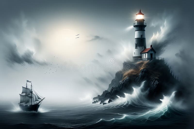 A Lighthouse Shows the Way To a Ship Stock Image - Image of waves ...