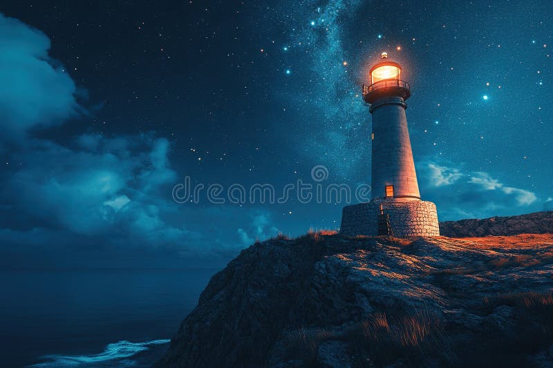 A Lighthouse Signals from the Shore on a Starry Night. Generated by ...