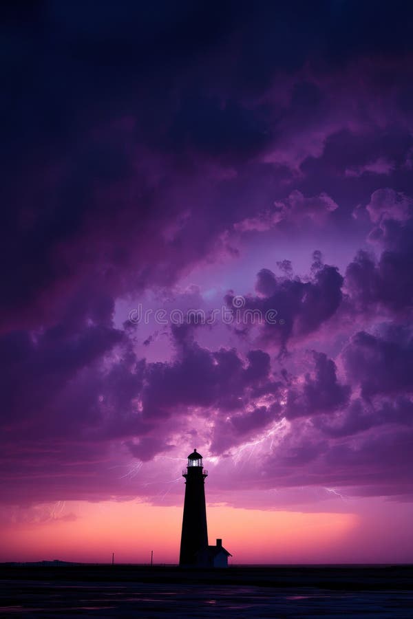 Lighthouse Silhouette Against a Dramatic Purple Sunset Storm Stock ...