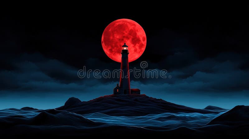 Lighthouse Silhouette Against a Glowing Red Full Moon in a Dramatic ...
