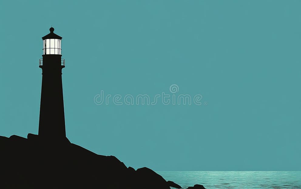 Lighthouse Silhouette Against Teal Sea Background Stock Illustration ...