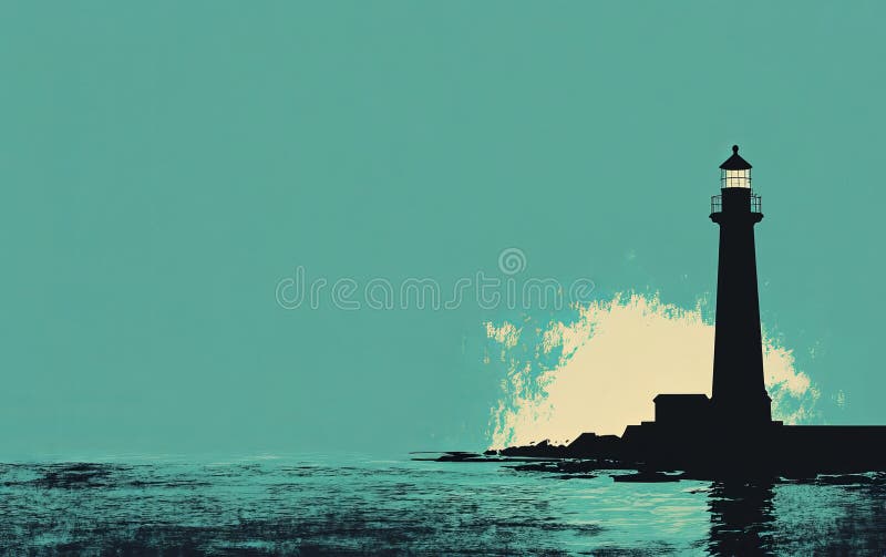 Lighthouse Silhouette Against Teal Sea Background Stock Illustration ...