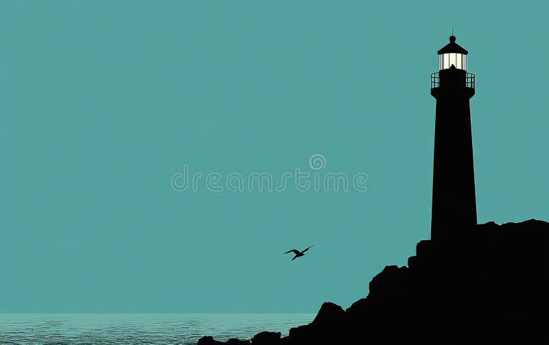 Lighthouse Silhouette Against Teal Sea Background Stock Illustration ...