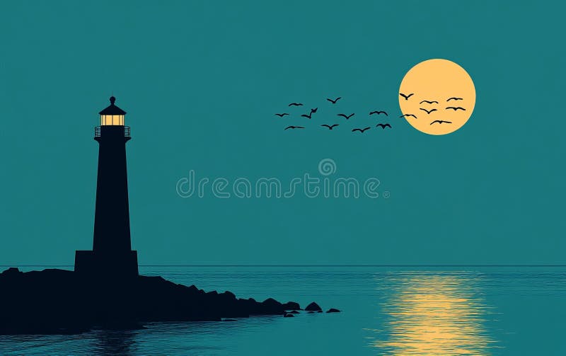 Lighthouse Silhouette Against Teal Sea Background Stock Illustration ...