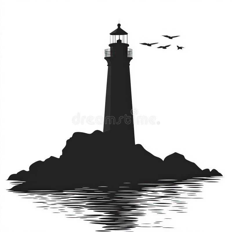 Lighthouse Silhouette , Black and White Illustration Isolated on White ...
