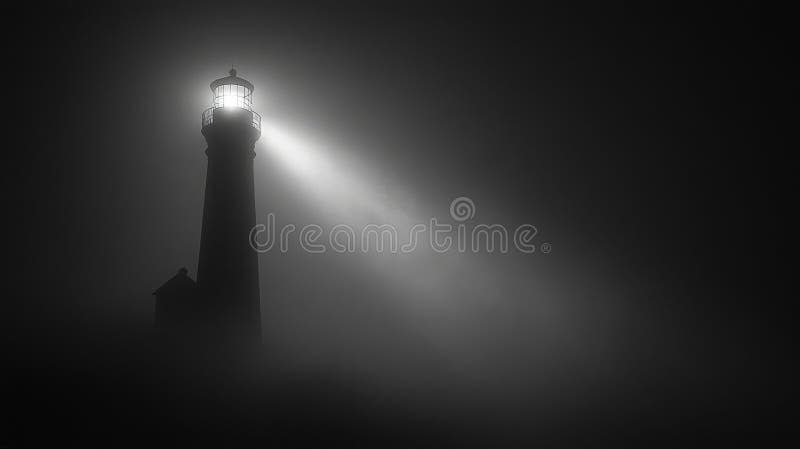 Lighthouse Silhouette in Dense Fog at Night Stock Illustration ...