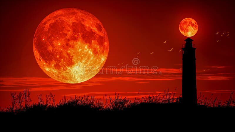 Lighthouse Silhouette with Fiery Full Moon Stock Illustration ...