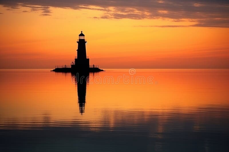 Lighthouse Silhouette Reflecting on Calm Sea Stock Illustration ...