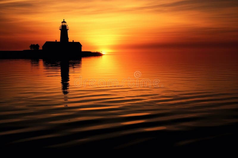 Lighthouse Silhouette Reflecting on Calm Water Surface Stock Photo ...