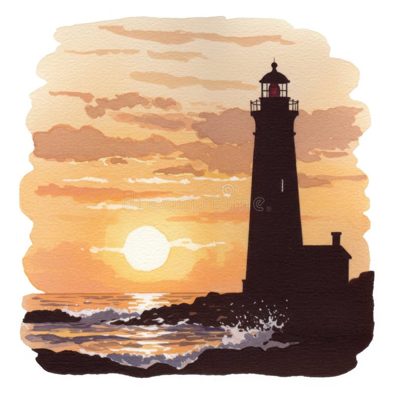 Lighthouse Silhouette at Sunset Over Ocean Waves Stock Illustration ...