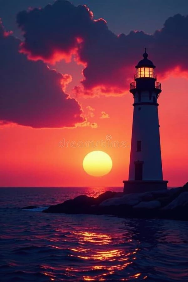 Lighthouse Silhouetted Against Vibrant Sunset Sky, Sky, Rocks, Beam ...