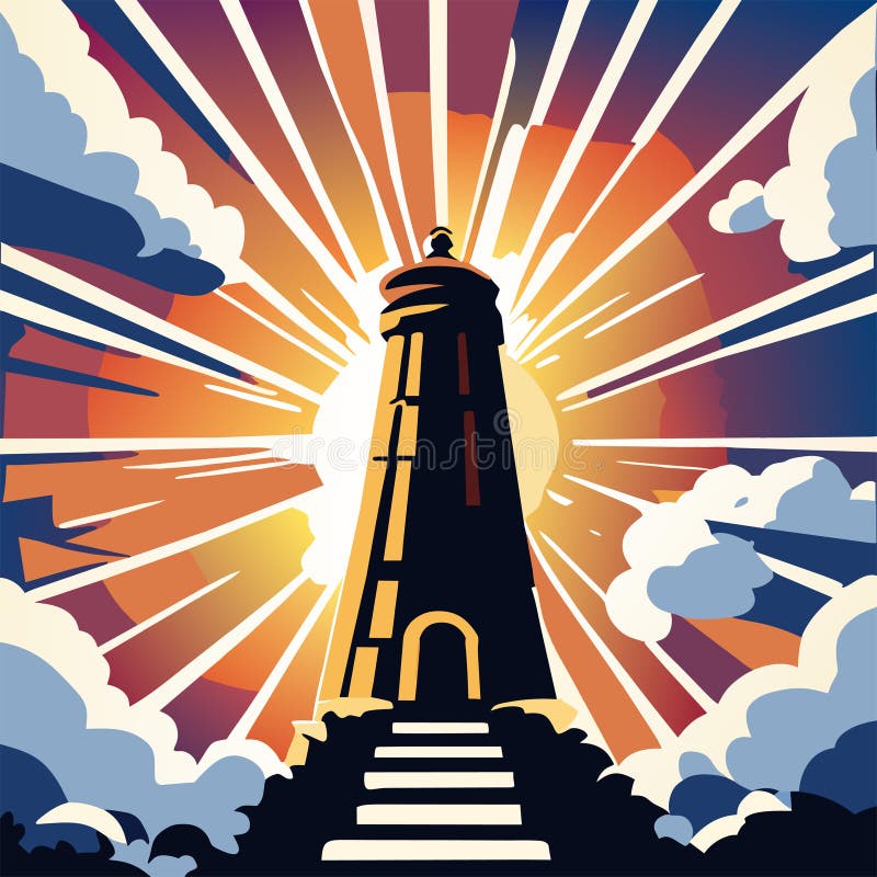 Lighthouse in the Sky with Rays of Light. Vector Illustration Stock ...