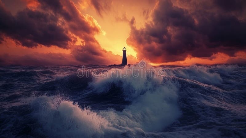 Lighthouse Standing Against Crashing Waves Under Dramatic Sunset Sky ...
