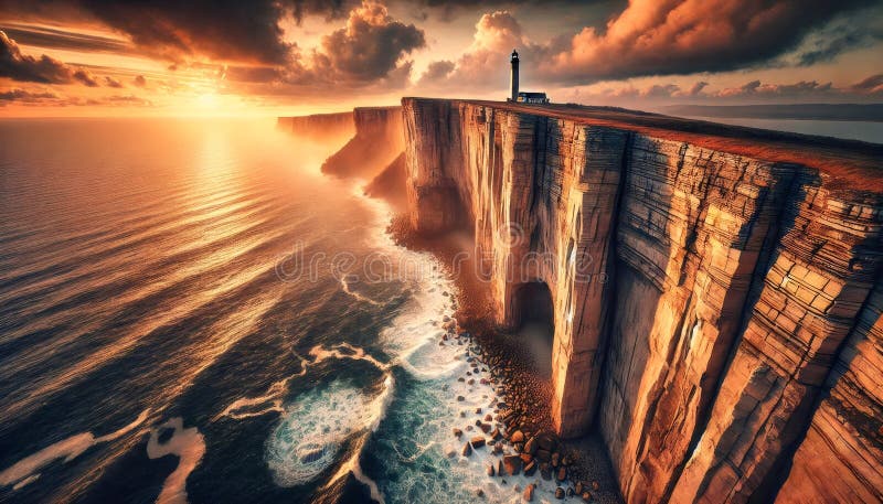 Lighthouse Standing on Cliffs at Sunset Over Ocean Waves Stock ...