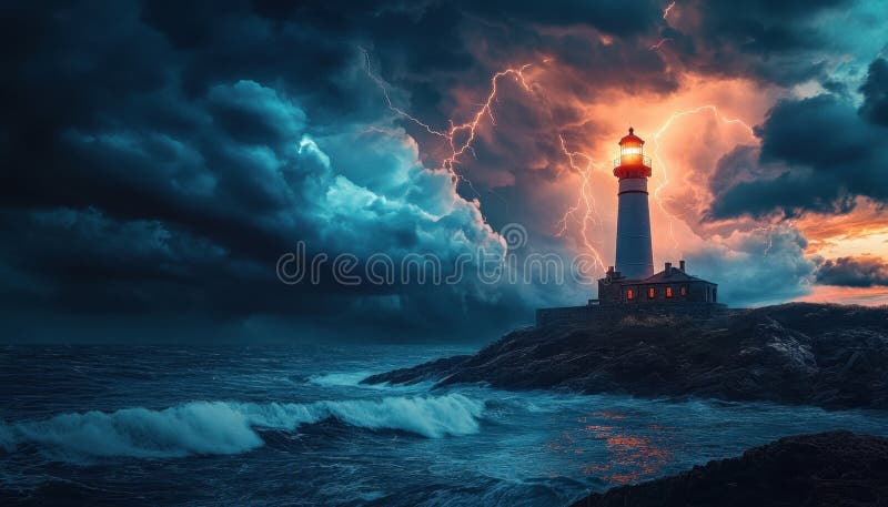 Lighthouse Standing Tall Against Stormy Waves at Dusk with Dramatic ...