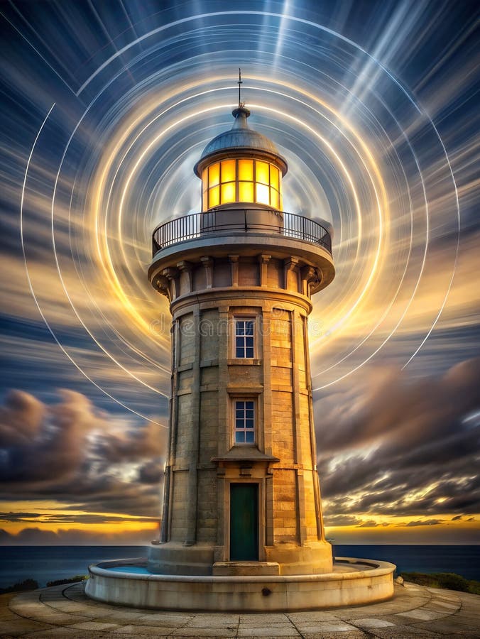 Surreal Lighthouse Illustration with Radiant Circular Light Effects Stock Illustration ...