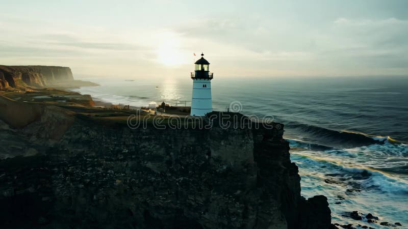 Dramatic Sunset View of a Coastal Lighthouse on a Cliff, with Crashing ...