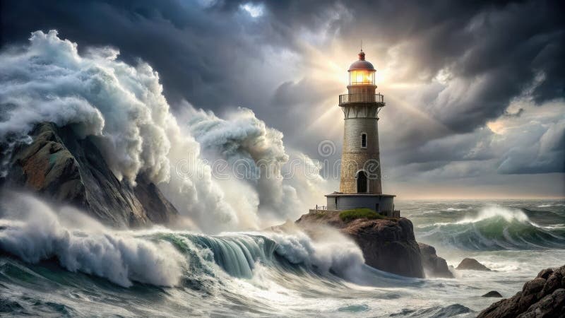 Lighthouse Stands Strong Against Powerful Ocean Waves during a Dramatic ...