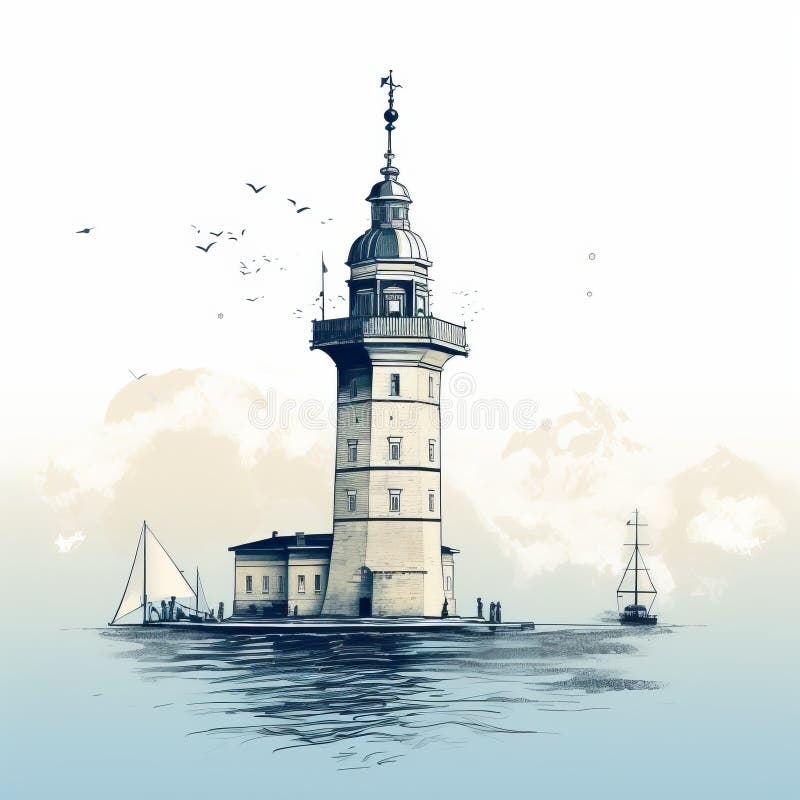 Vintage Lighthouse with Sailing Boats on Blue Background Stock ...