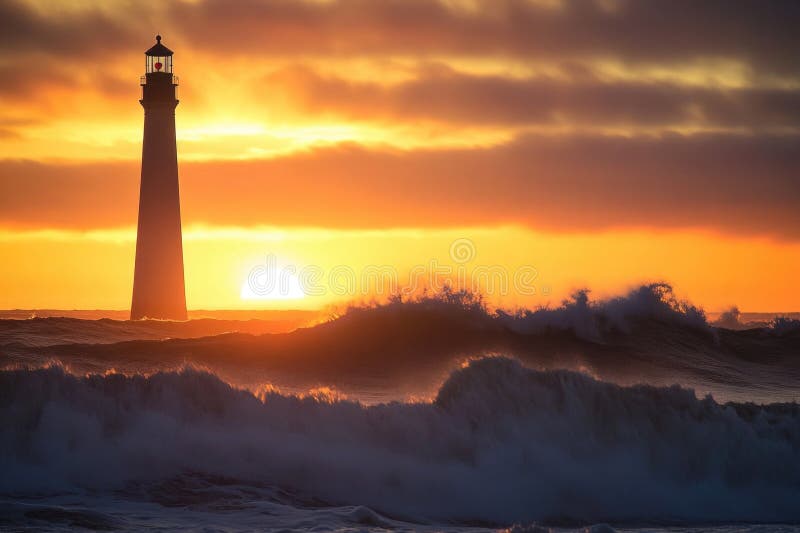 Lighthouse Stands Tall Middle Ocean Sun Sets Stock Photos - Free ...