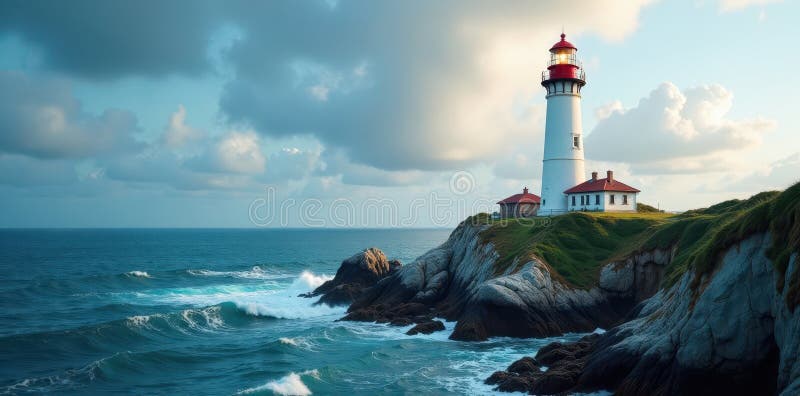 Lighthouse Stands Tall, Overlooking Rocky Island Coast , Beacon, Island Stock Illustration ...