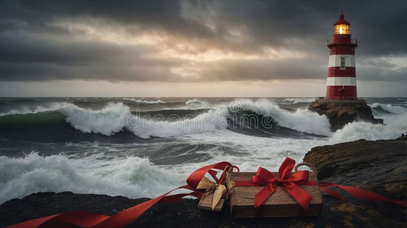 Romantic Gift Box on Rocky Coast with Lighthouse and Stormy Sea Stock ...