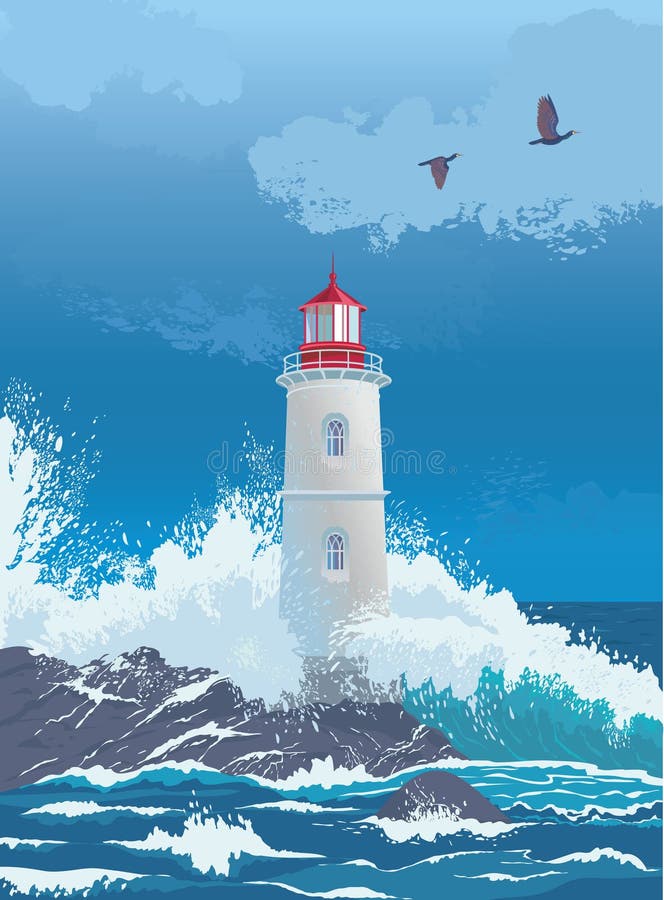 Lighthouse storm stock vector. Illustration of wave - 318084005