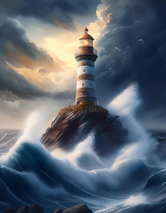 Lighthouse in a Storm Cartoon Stock Photo - Image of wind, storm: 339003094