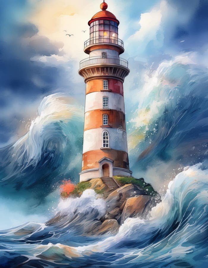 Lighthouse in a Storm Cartoon Stock Image - Image of wind, rock: 339003109