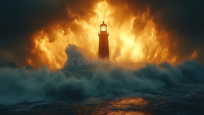 Lighthouse in the Sea Storm with Big Waves. Generative AI Stock ...