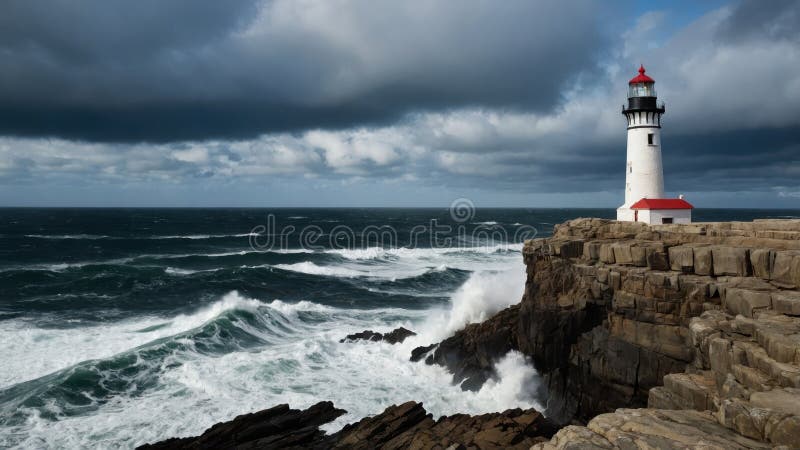 Lighthouse Storm Scene with Crashing Ocean Waves Stock Image - Image of ...