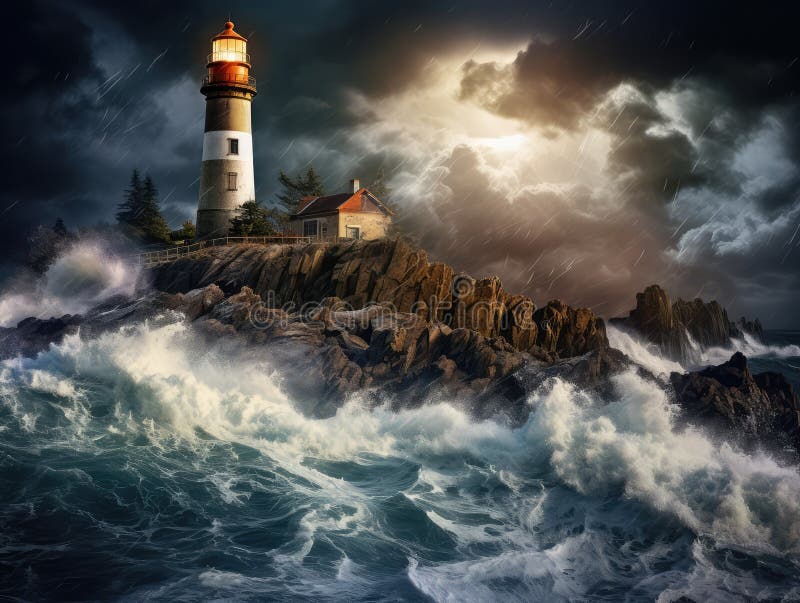 Lighthouse in Storm, Stormy Ocean Landscape and Lighthouse Stock ...
