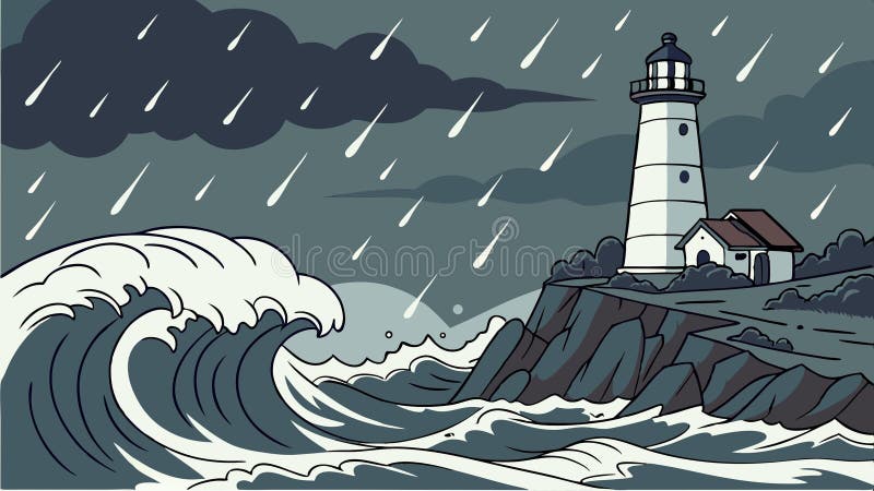 Lighthouse in Storm Waves. Dramatic Coastal Weather Scene. Vector ...