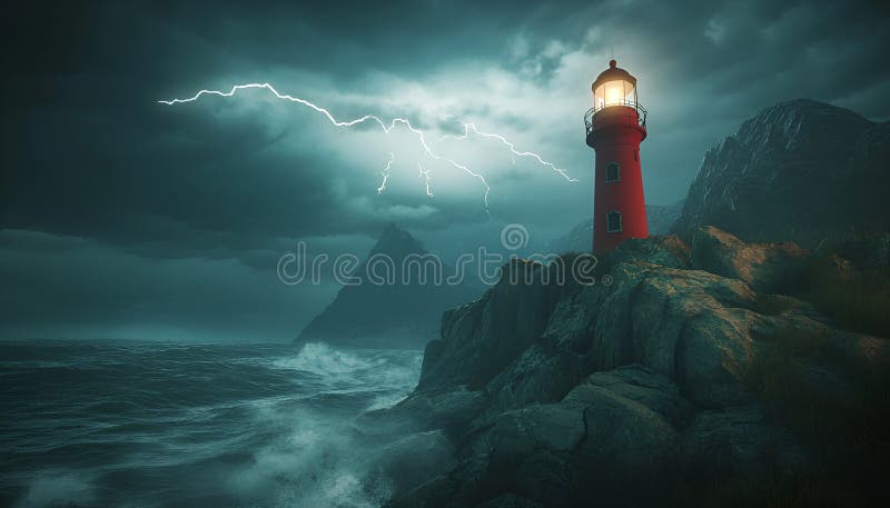 Lighthouse in Stormy Landscape - Leader and Vision Concept Stock Image ...