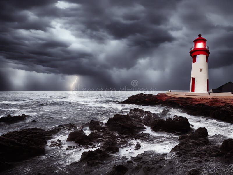 Lighthouse in a Stormy Night - Generative Ai Illustration. Stock ...