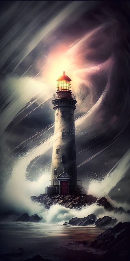 Lighthouse in Stormy Sea with Light Rays, 3d Render Stock Illustration ...