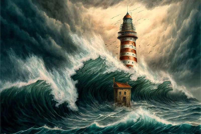 The Lighthouse during Strong Waves, Digital Illustration Painting ...
