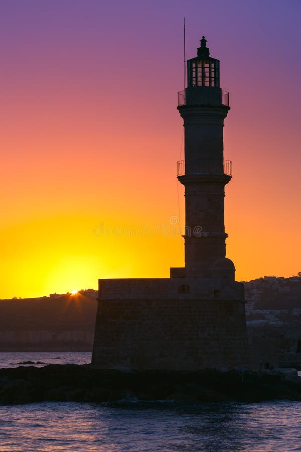Lighthouse at Sunrise, Chania, Crete, Greece Stock Image - Image of ...