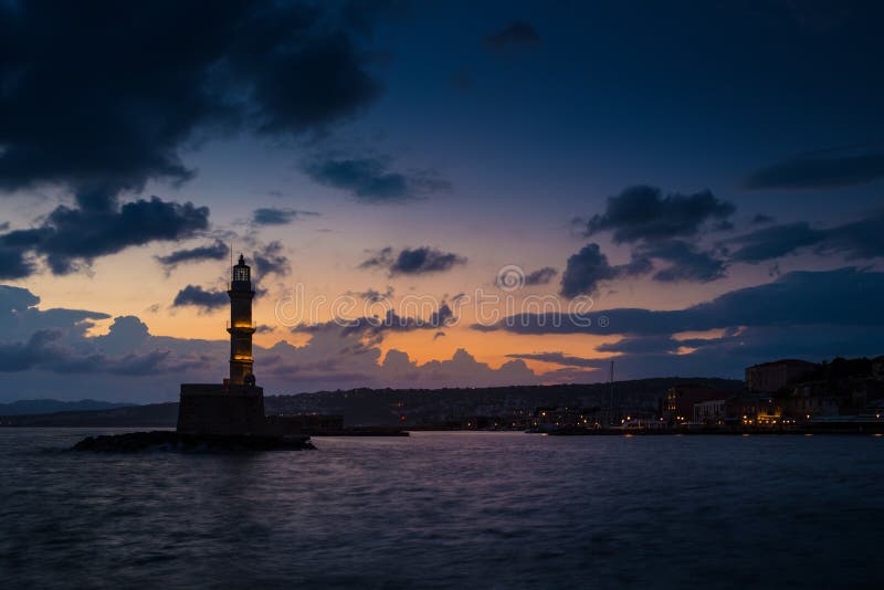 Lighthouse on Sunset. Chania, Crete, Greece Stock Photo - Image of ...