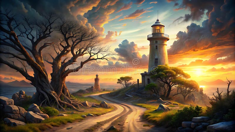 Lighthouse Sunset Landscape Painting - Coastal Art Stock Illustration ...