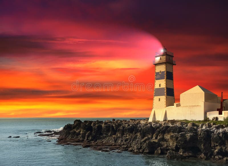 Lighthouse at Sunset, Purple Seascape Stock Photo - Image of rock ...