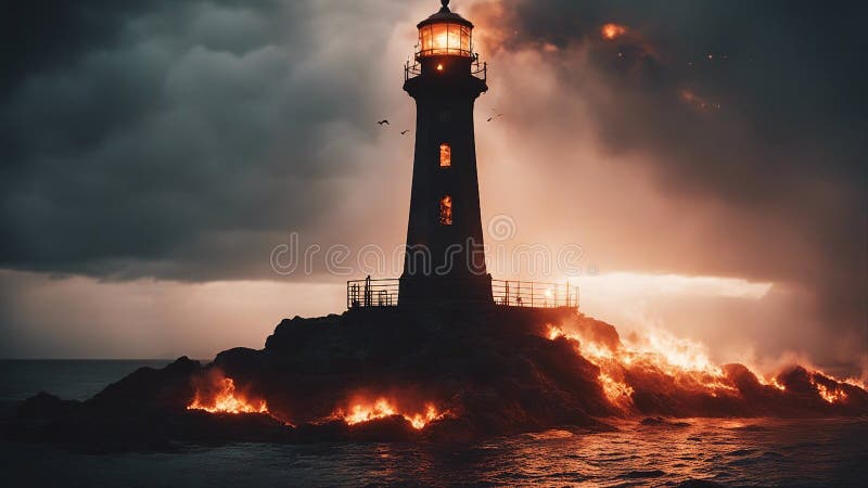 Lighthouse at Sunset a Scary Lighthouse in a Hellish Fire, Stock ...