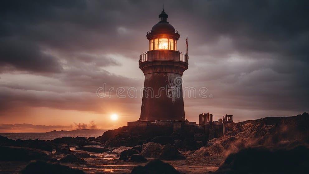 Lighthouse at Sunset a Scary Lighthouse in a Hellish Fire, with ...