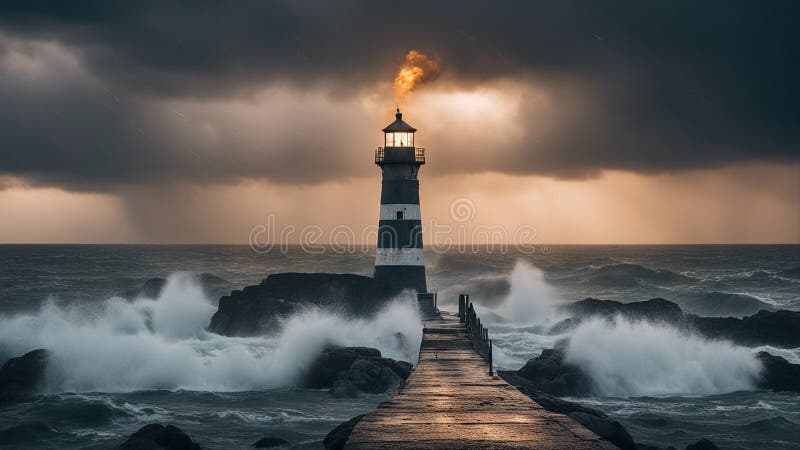 Lighthouse at Sunset a Lighthouse in a Stormy Landscape, Fire Out the ...