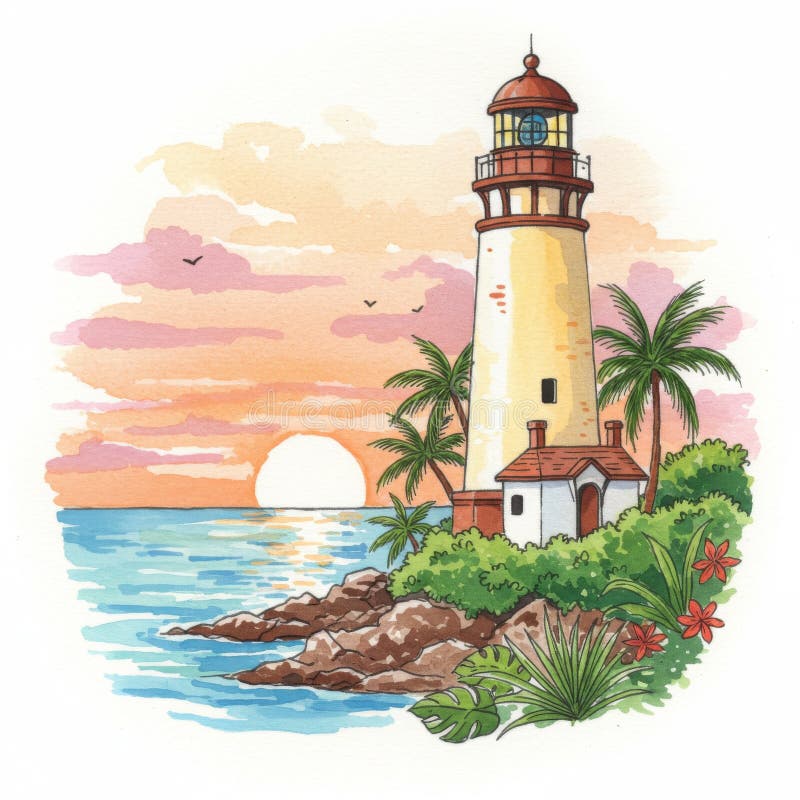 Lighthouse at Sunset on a Tropical Beach Stock Illustration ...