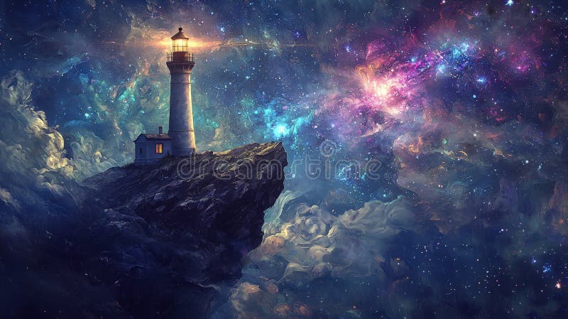 Lighthouse Surrounded by Colorful Nebula in Outer Space with Stars and ...