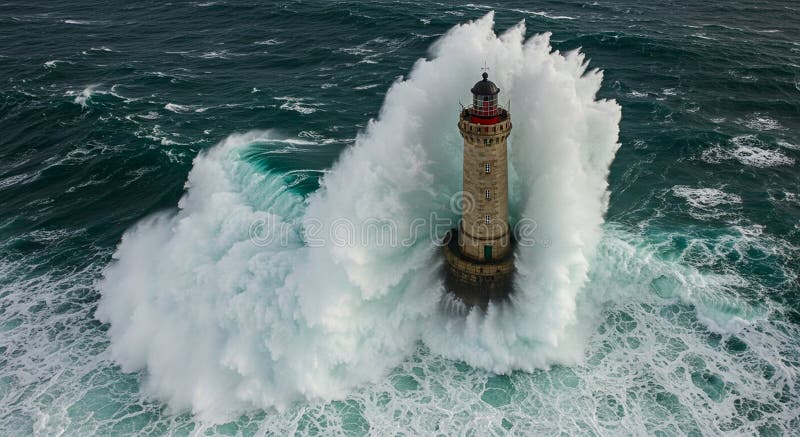 Lighthouse Surrounded by Crashing Waves in Ocean Storm Scenery Stock ...